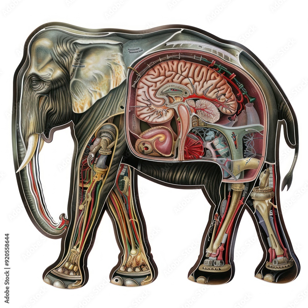 Detailed anatomical illustration of an elephant, showing its internal ...