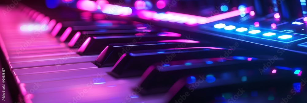An electronic piano with brightly lit keys, enhanced by vivid neon ...