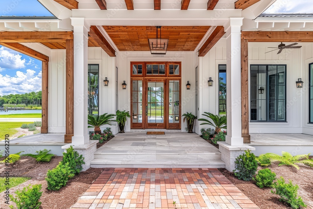 Elegant modern farmhouse front porch with white vertical siding, wooden ...