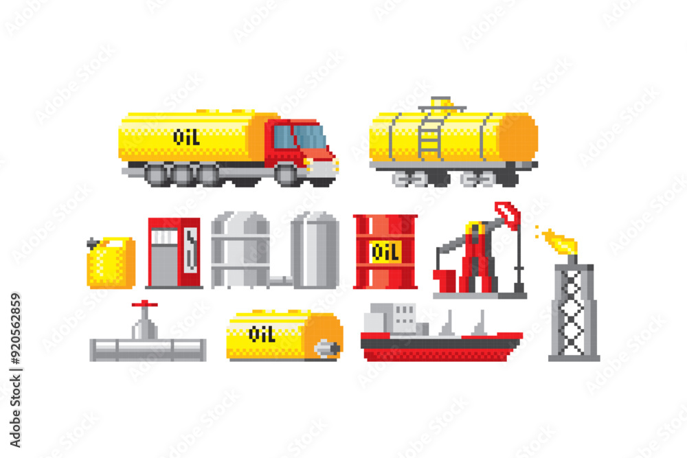 Vetor de Oil industry pixel art icon set. Design for logo, web, mobile ...