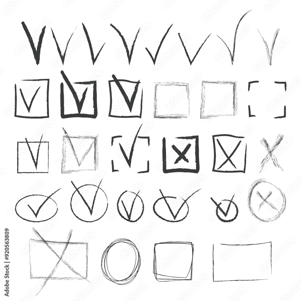 Check mark set. Collection of hand drawn check marks and strikethrough ...