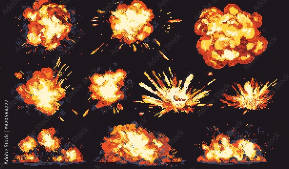Flash animation of pixel art explosion and burst. 8 bit boom, blast ...