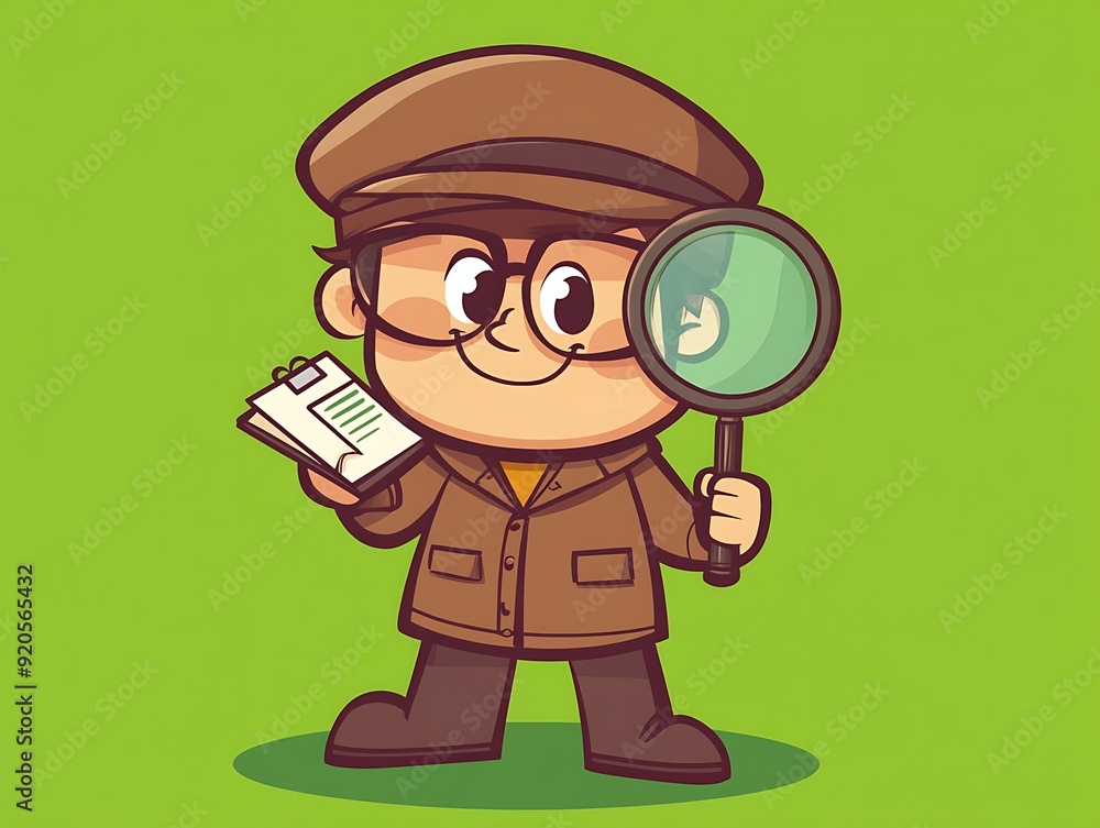 Cartoon detective character holding a magnifying glass and a notepad ...