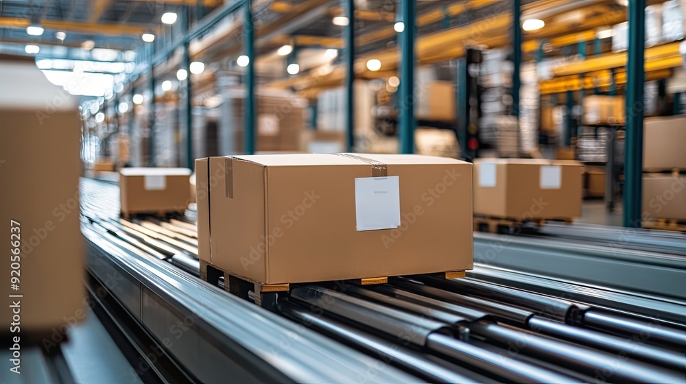 Automated packaging system in operation in a modern warehouse Stock ...