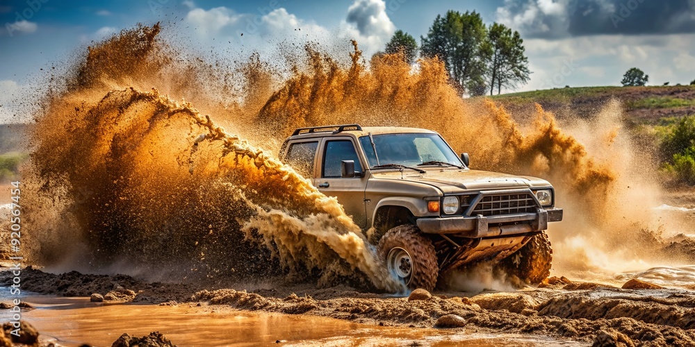 Rugged four-wheel drive truck bursts out of a muddy trench, sending ...