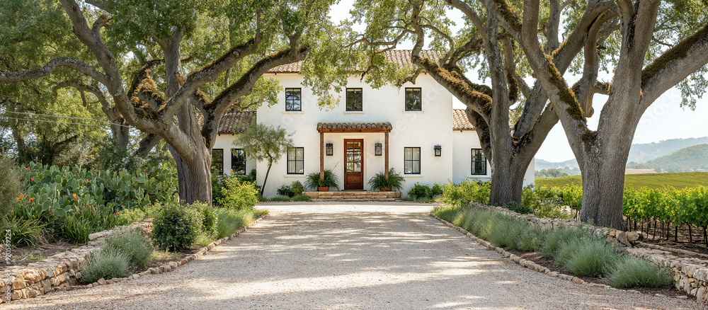 Gravel driveway leading to spanish style house framed by oak trees ...