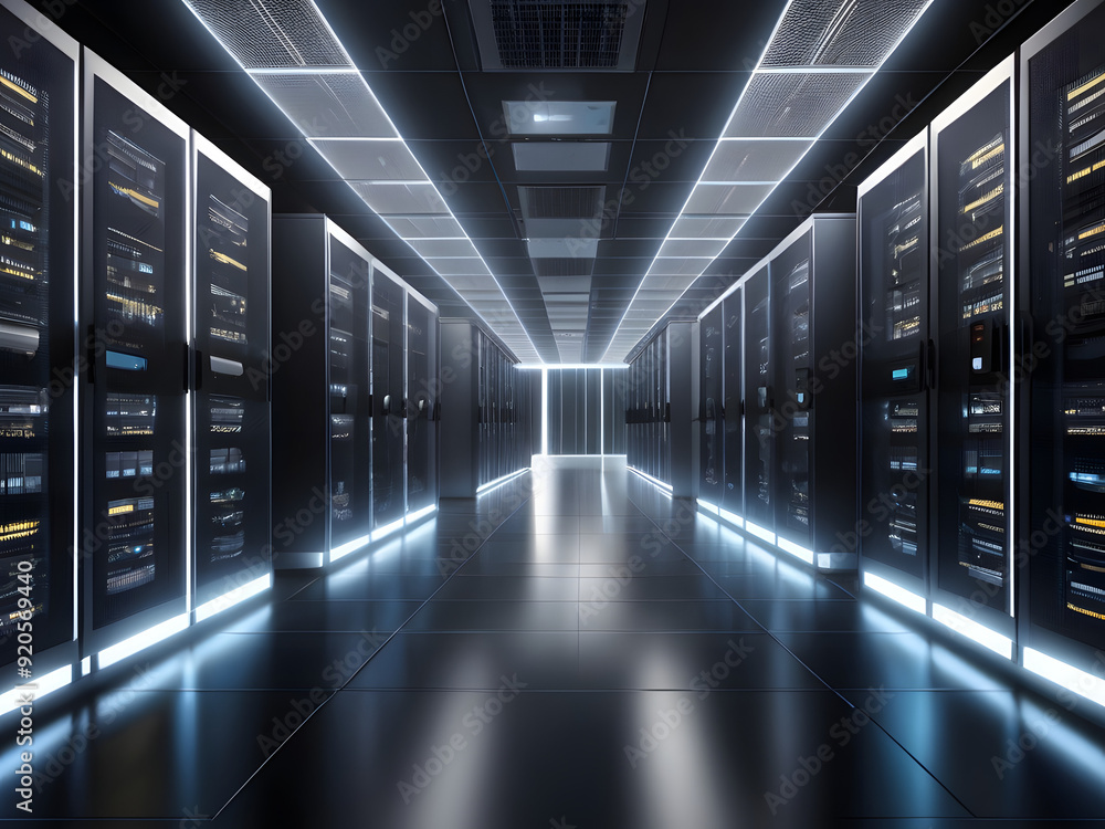 Servers racks walkthrough in Modern data center. Cloud computing datacenter server room. Cloud ...