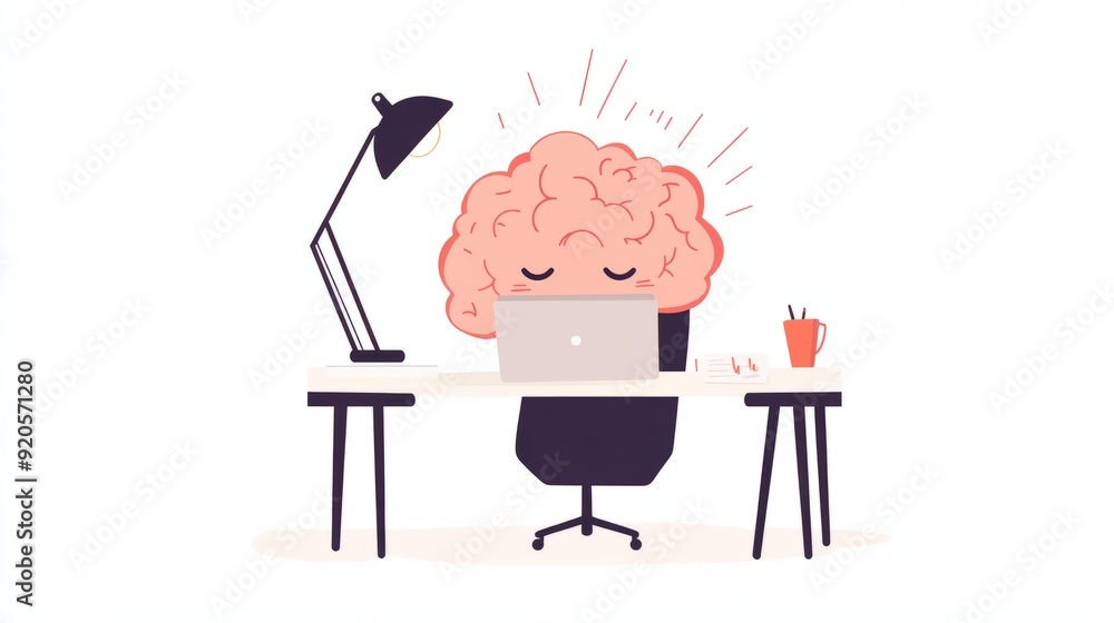 Cartoon illustration of cute unhappy overwork brain character on white ...