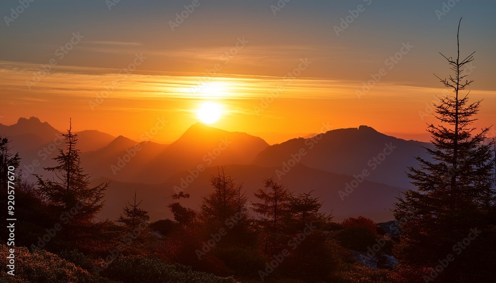 Take a cinematic, realistic photo of a sunset in nature. The sun is ...