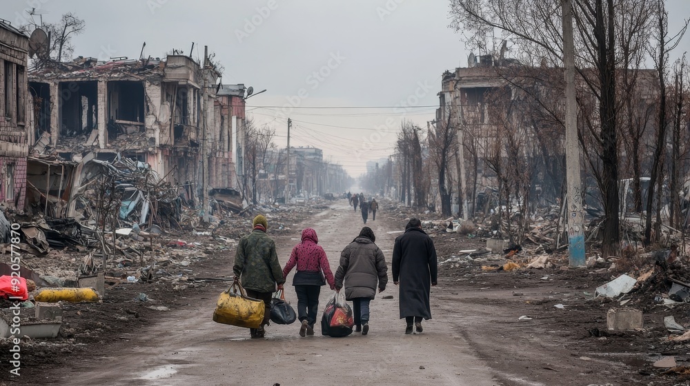 Ukrainian refugees walking through the devastated streets of a war torn ...