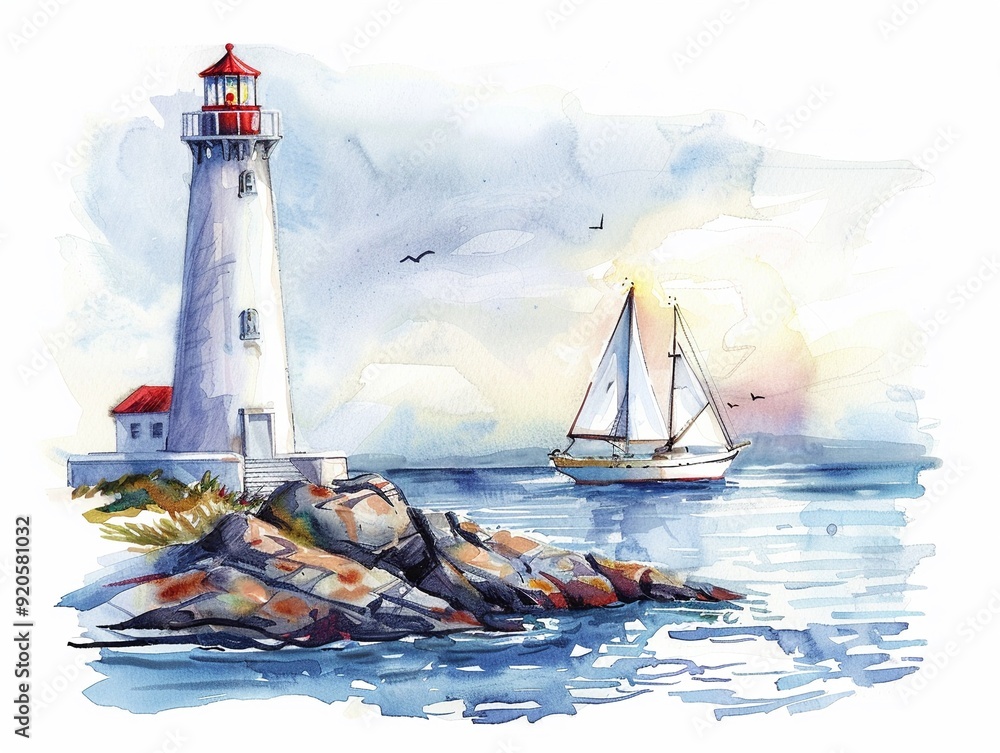 Lighthouse clipart guiding ships to shore,Clipart, watercolor ...
