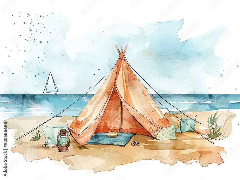 Beach tent clipart providing shelter,Clipart, watercolor illustration ...