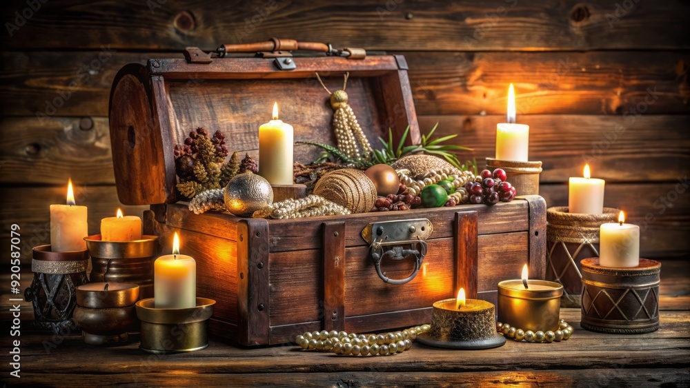 Cozy vintage wooden treasure chest overflowing with antique trinkets ...