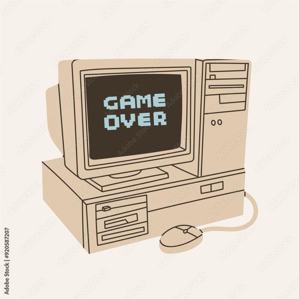 Retro vintage Computer. Old PC. Game over text on monitor screen. Old ...