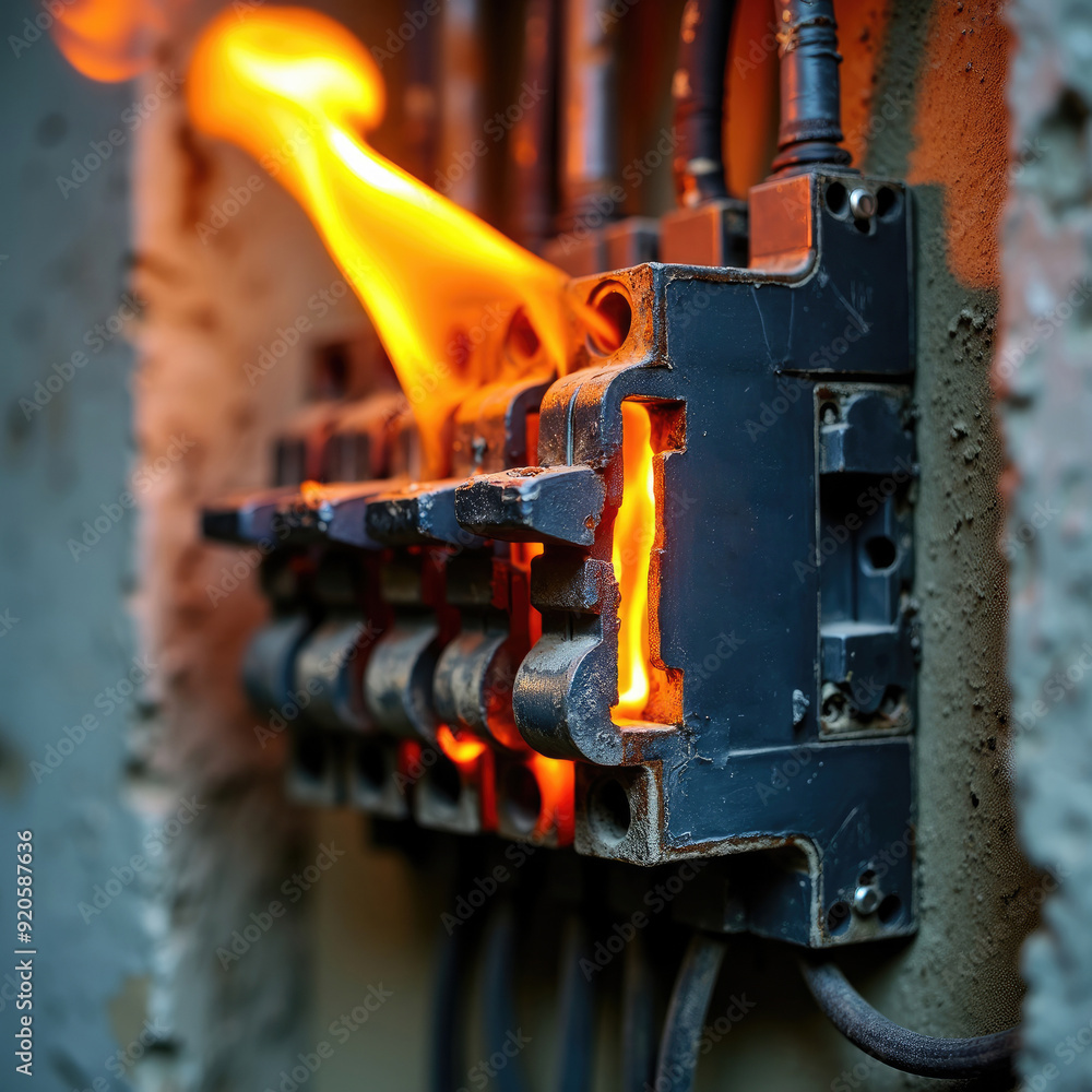 A close-up image of an electric circuit breaker set ablaze, depicting ...