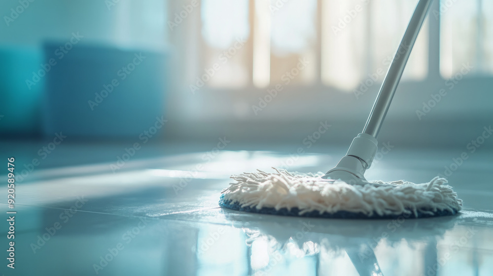Closeup of a modern white mop and bucket on a gleaming clean floor ...