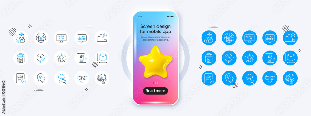 Decreasing graph, Vaccination schedule and Web tutorials line icons. Phone mockup with 3d star ...