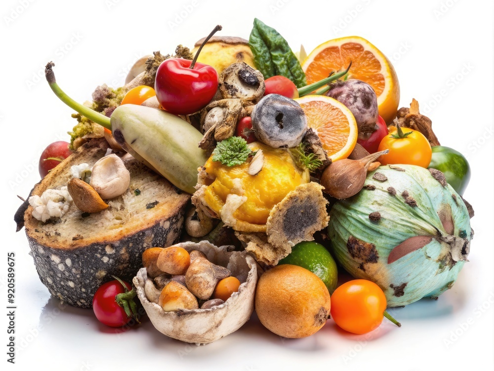 Moldy, slimy, and decayed food scraps, including rotten fruits and ...