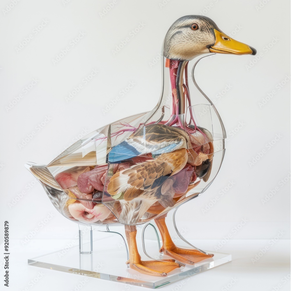 A dissected duck model in a clear plastic casing on a clear base ...