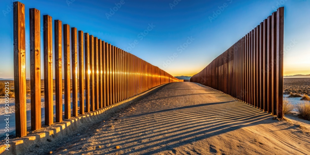 Rusty metal slats stretch across desert landscape, dividing arid ...
