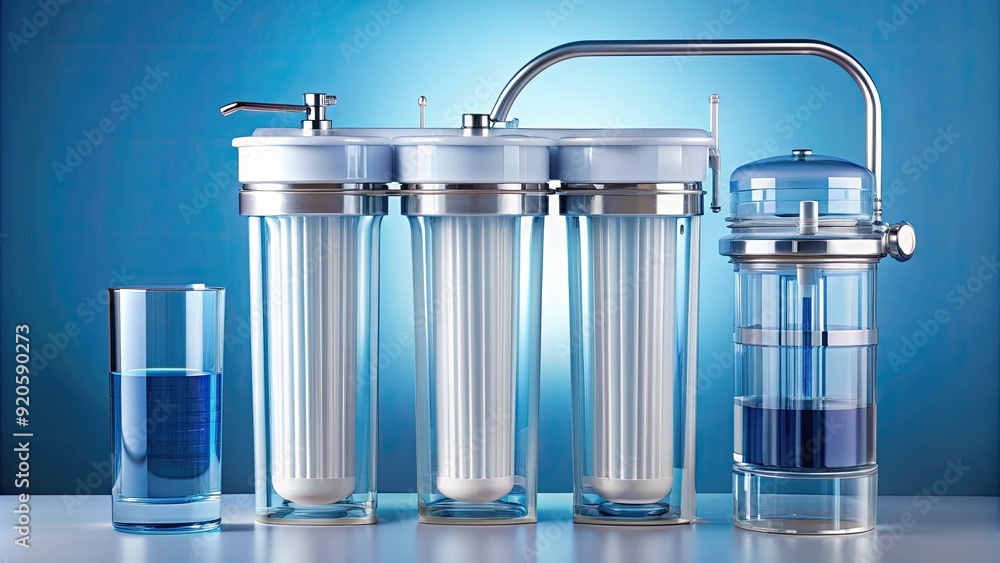 A modern, transparent water filtration system with multiple containers ...