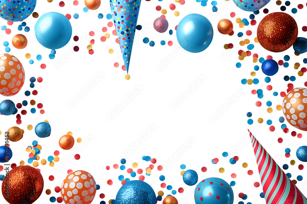 Creative party template. Party hat, streamer, confetti, glitter ...