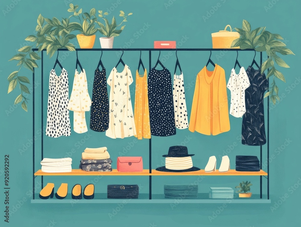 Flat design featuring organized fashion merchandising racks showcasing ...