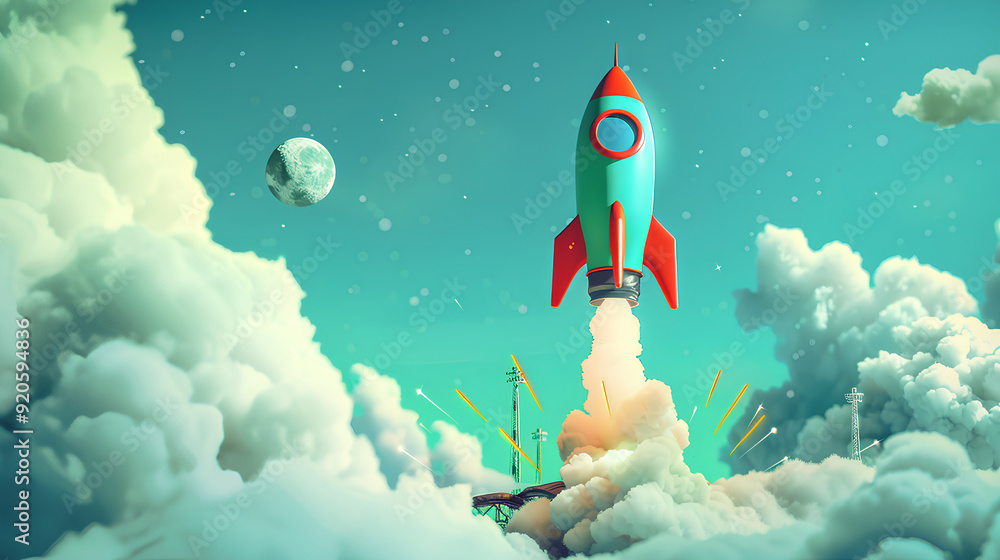 Space Shuttle Flying Over The Clouds, Dazzling cartoon style rocket ...