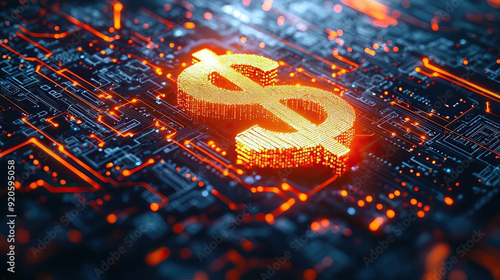 Digital dollar sign glowing on a futuristic circuit board, surrounded ...