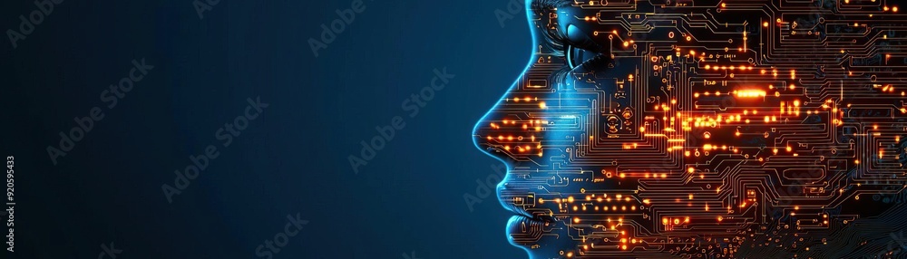 Digital human face composed of illuminated circuit patterns, side view Represents the fusion of ...