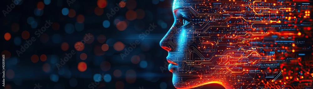 Digital human face composed of illuminated circuit patterns, side view Represents the fusion of ...