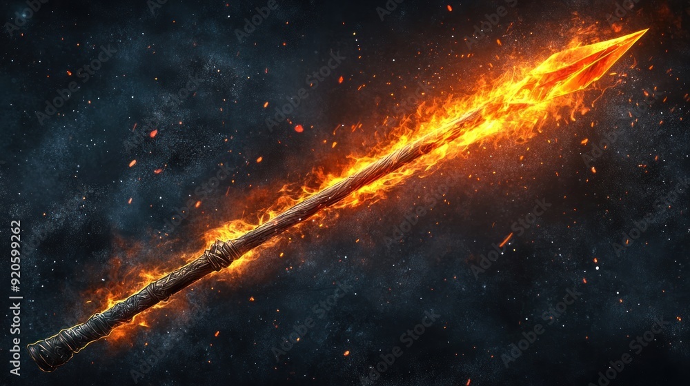 A flaming spear with a wooden shaft and a sharp metal tip. It is ...