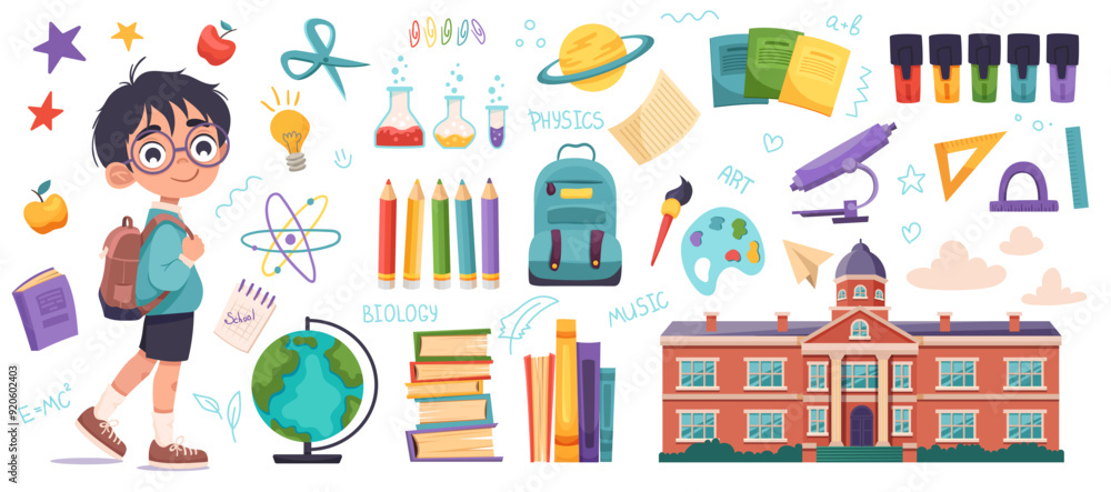 Big set of school supplies and schoolboy in glasses. Welcome back to ...