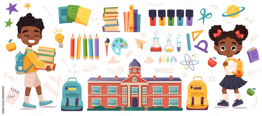 Big set of school supplies and schoolgirl and african american boy ...
