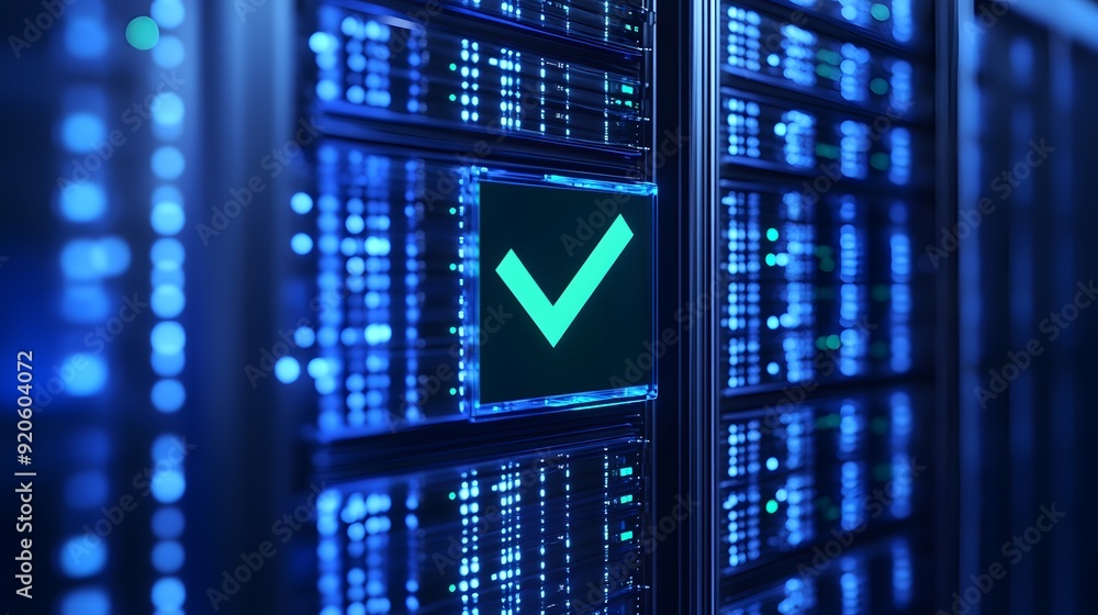Blue illuminated data center server racks with a green checkmark ...