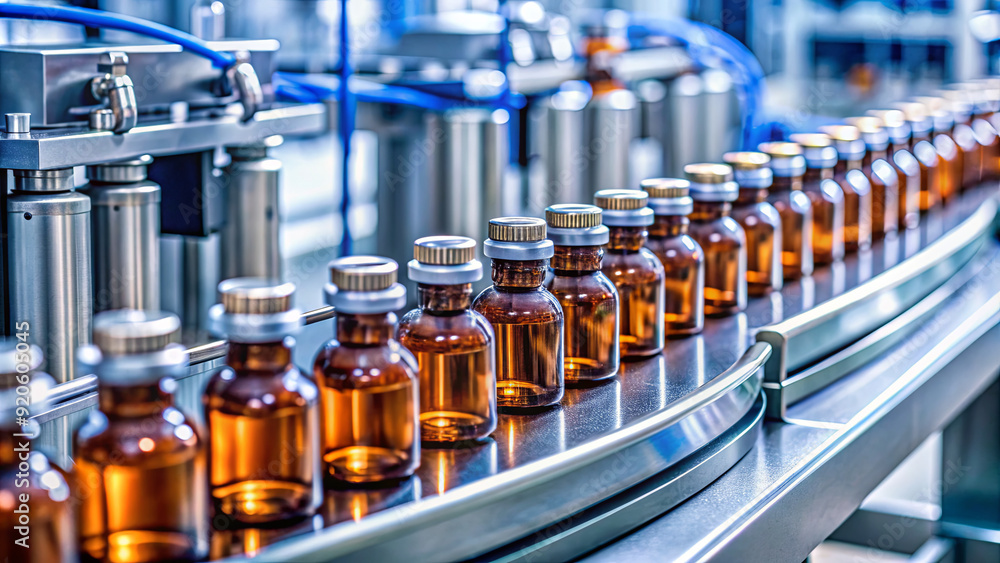 Amber bottles filled with liquid are transported along a conveyor belt ...