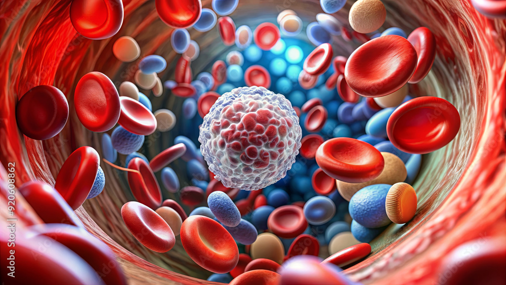 Red and white blood cells circulate in the bloodstream, showcasing ...