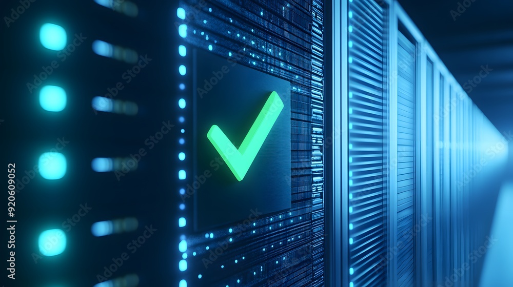 Data server room with a green check mark indicator. High tech ...