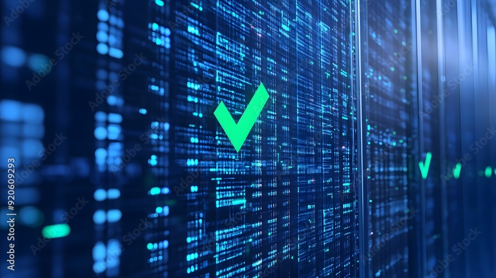 Digital approval concept with green check marks on servers and technology background. High-tech ...