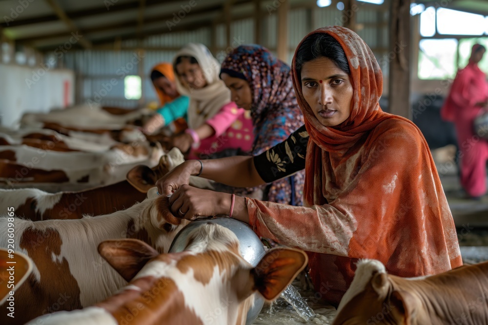 Indian women washing cows on a dairy farm in punjab, showcasing hard ...