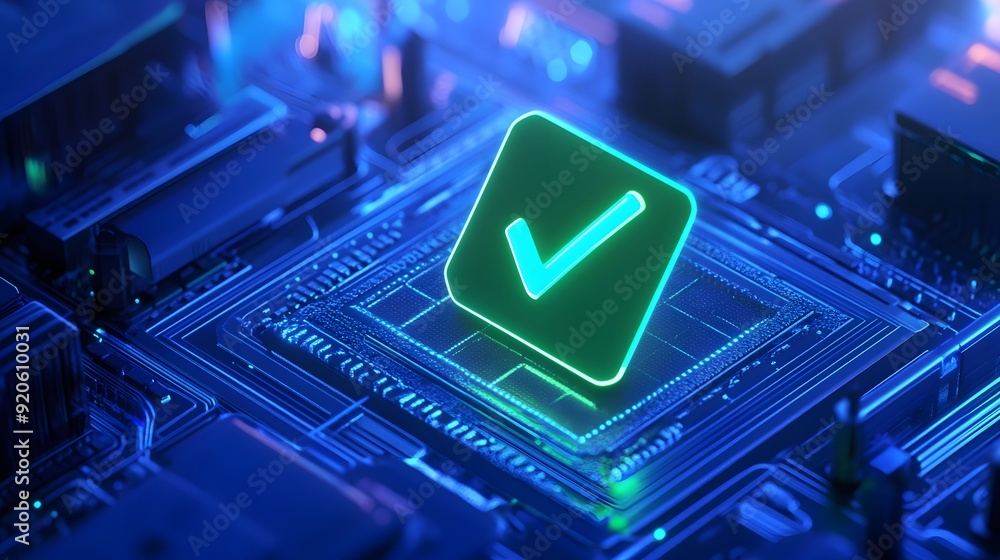 Digital check mark on a futuristic circuit board representing secure ...