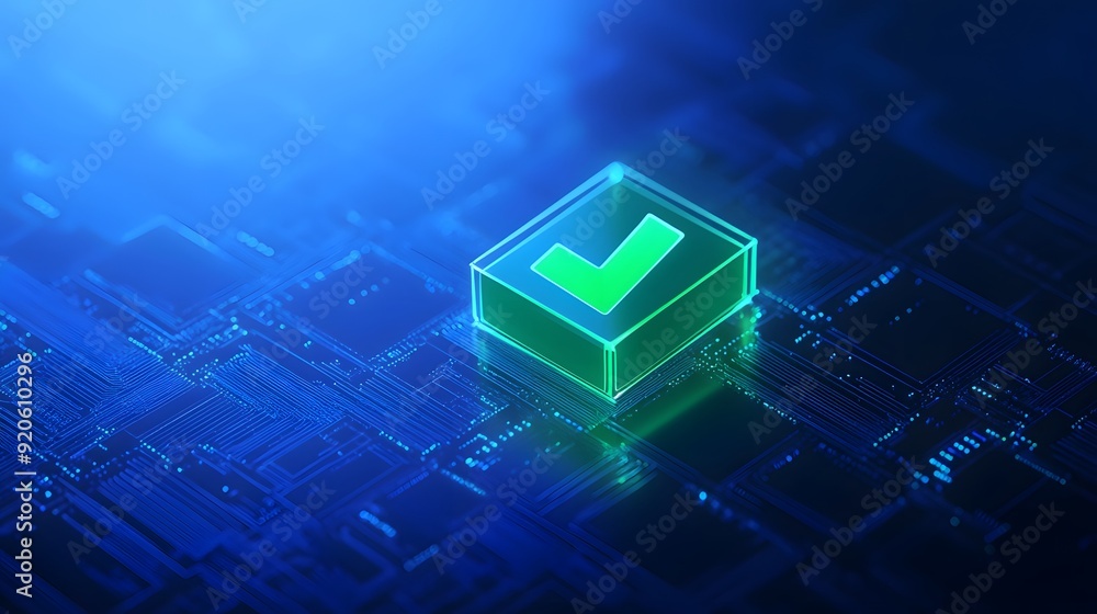 Digital checkmark icon glowing green on a futuristic blue background ...