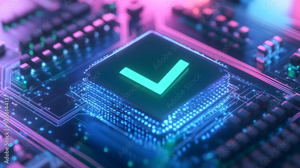 Futuristic circuit board with glowing checkmark symbolizing technology approval and validation ...
