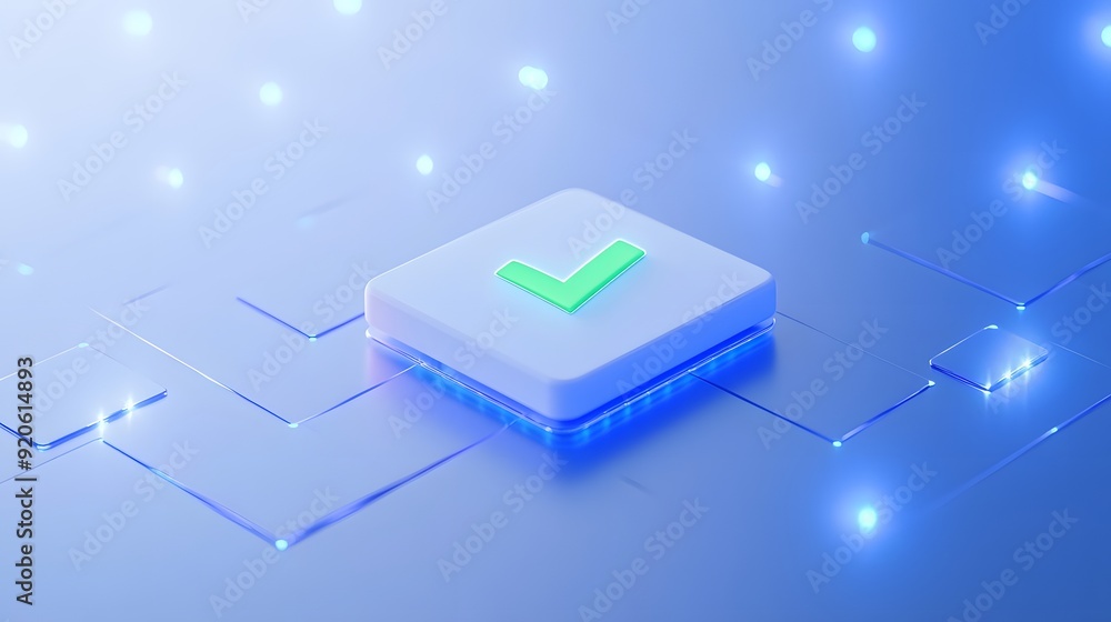 Futuristic digital check mark icon on a glowing blue technology ...