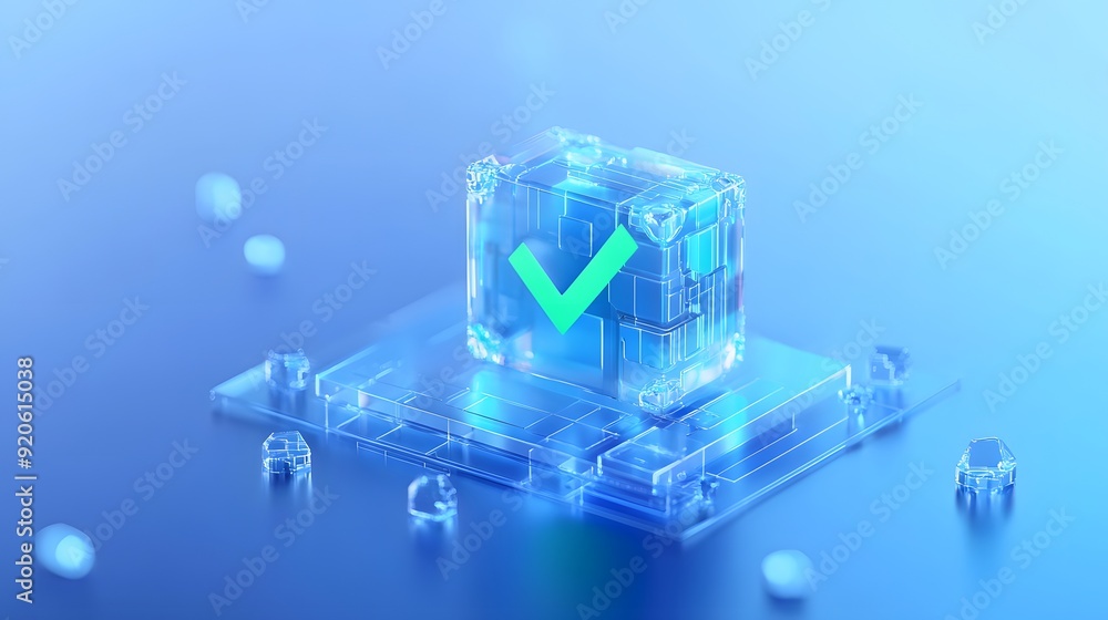 Futuristic digital checkmark icon on a transparent block with a blue ...
