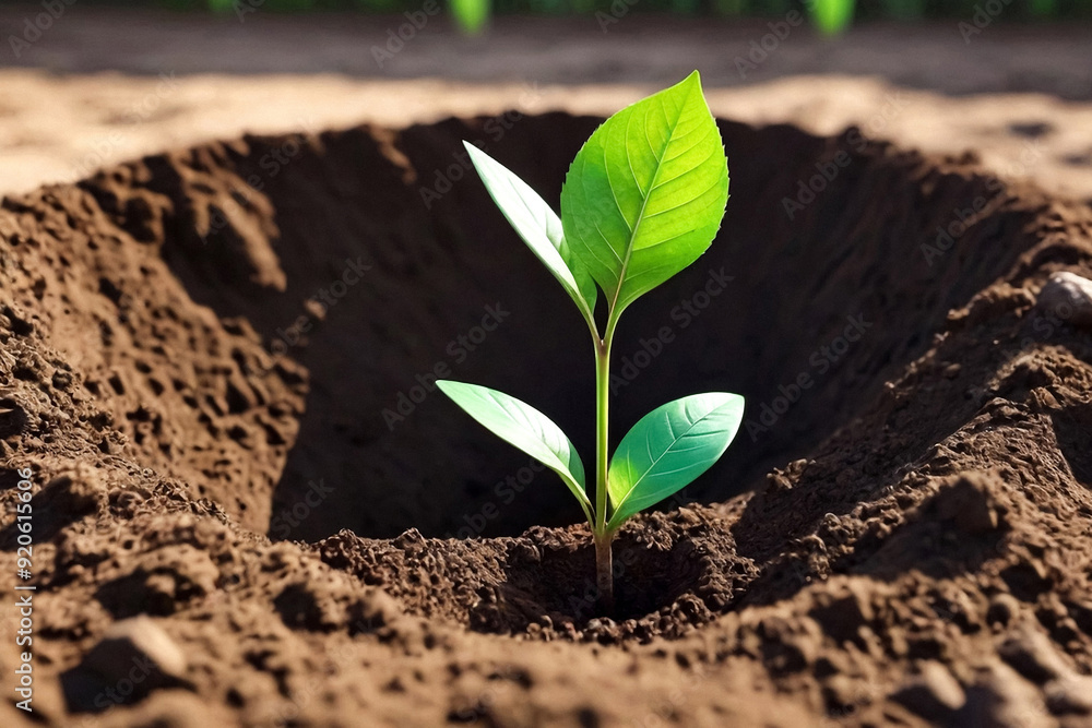 Young tree sapling lies at dug hole next to shovel and is ready to ...