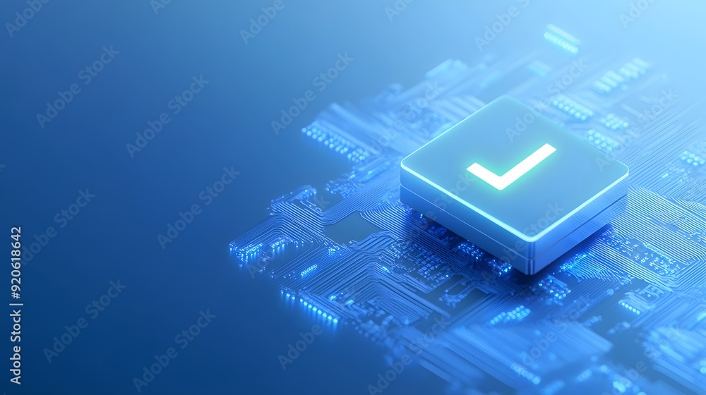High-tech concept featuring a glowing digital checkmark on a printed ...