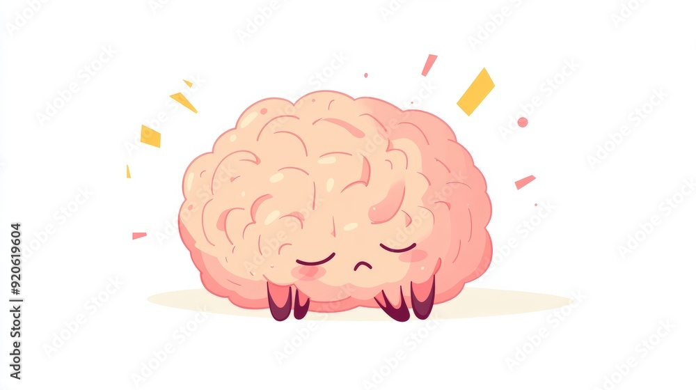 Cartoon illustration of cute unhappy overwork brain character on white ...