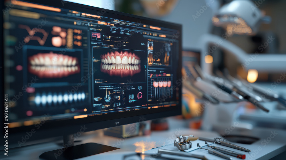 Dental clinic computer screen displaying dental X-rays and tools on a ...