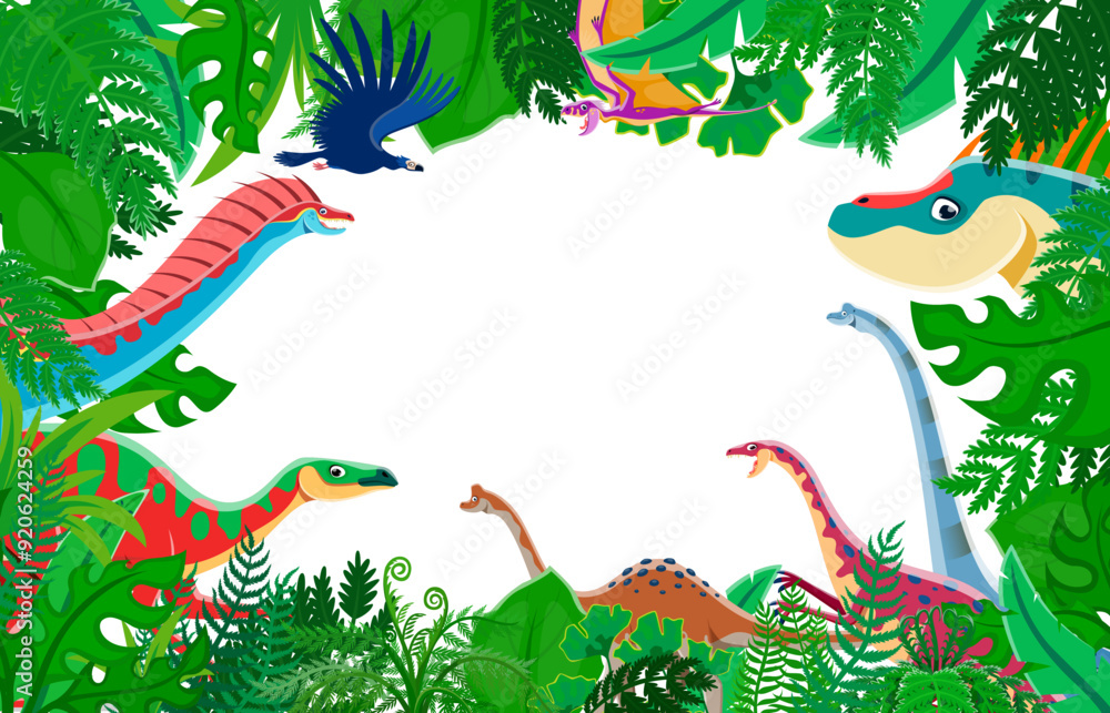 Cartoon prehistoric dinosaurs in jungle forest frame with vector ...